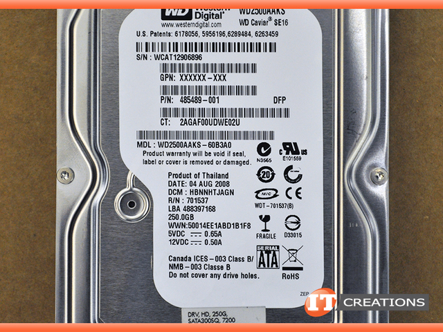 485489-001 HP 250GB 7.2K RPM SATA 3.5 INCH HARD DRIVE