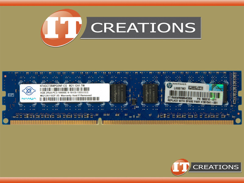 500672-B21 HP 4GB ( 1 X 4GB ) PC3-10600E DDR3-1333 UNBUFFERED ECC 2RX8 CL9 240 PIN 1.5V MEMORY ...