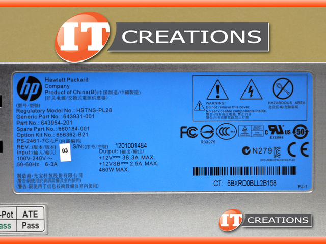 656362-B21 HP POWER SUPPLY 460W AND POWER CORD ASSEMBLY KIT FOR HP ...