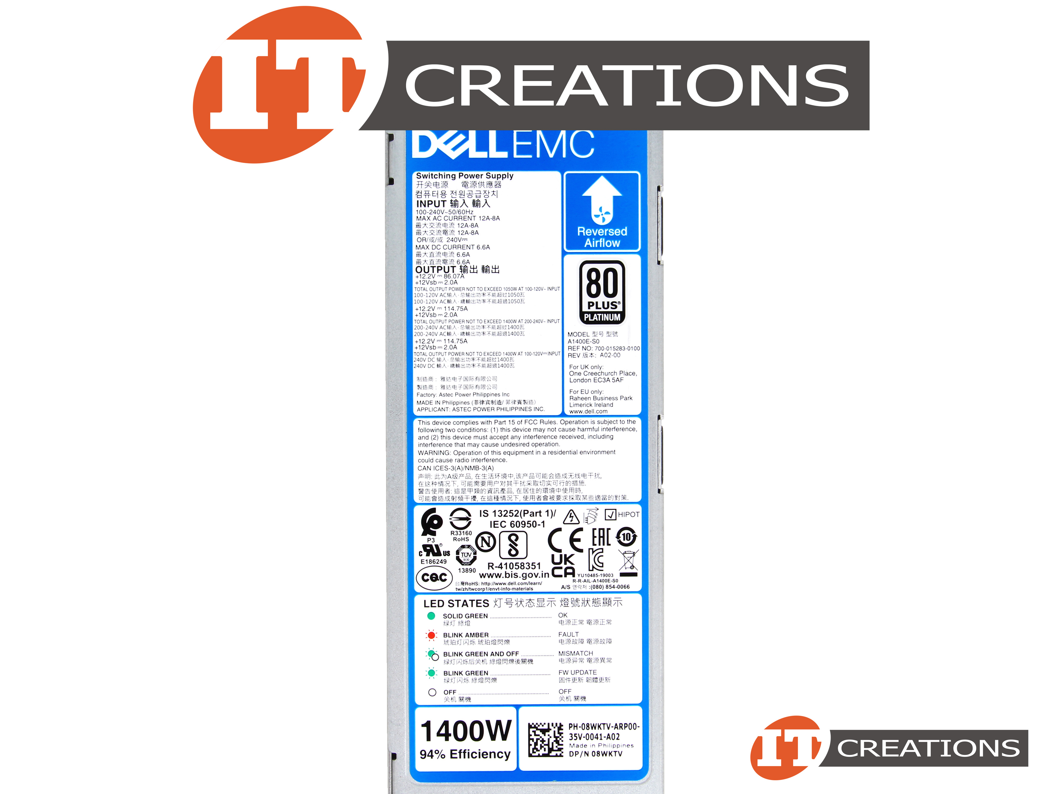 8WKTV DELL EMC Power Supply 1400w 100-240v 12-8A 50-60hz 80 Plus ...