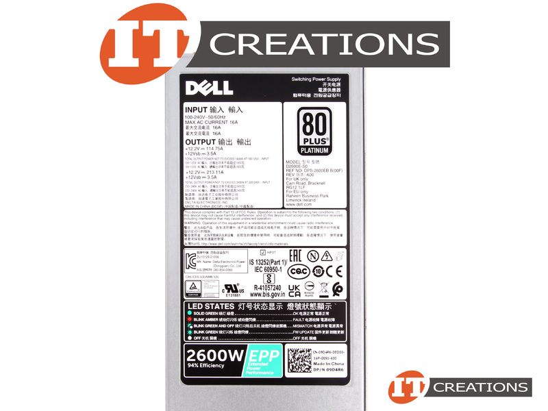 9D4R6 DELL POWER SUPPLY 2600W INPUT 100-240V 16A 50-60HZ 80 PLUS ...