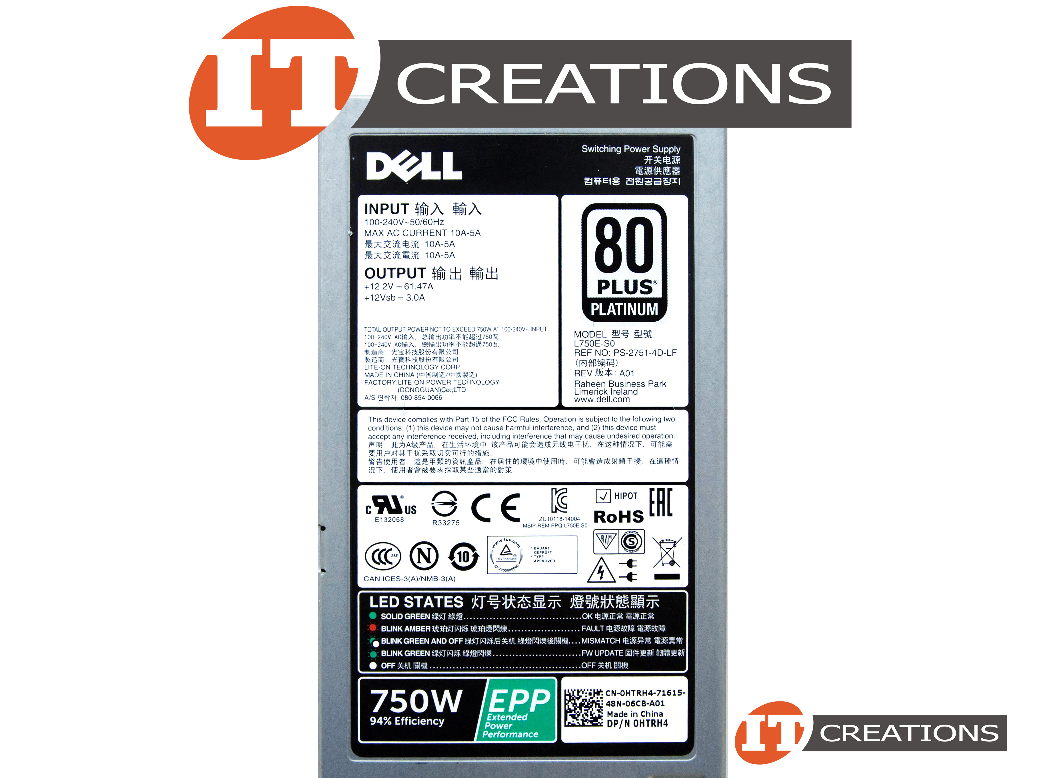 HTRH4 DELL SWITCHING POWER SUPPLY 750W INPUT 100-240V 50-60HZ 10-5A 80 ...