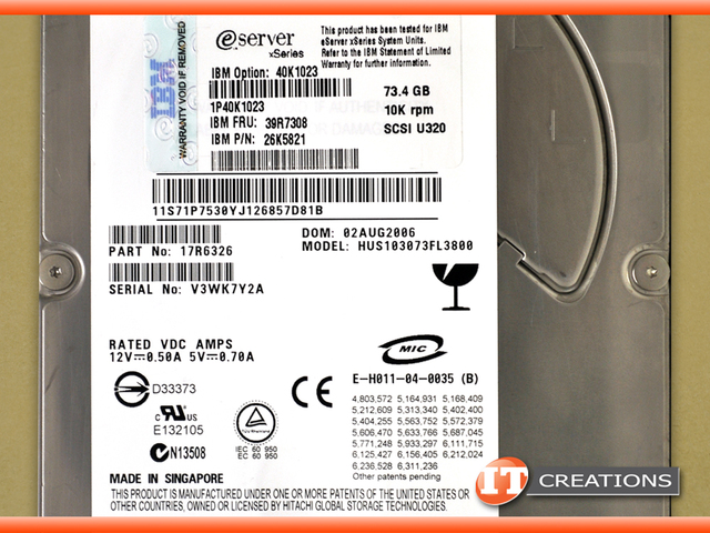 HUS103073FL3800-IBM IBM 73GB 10K RPM 3.5 INCH ULTRA320 SCSI HARD DRIVE ...