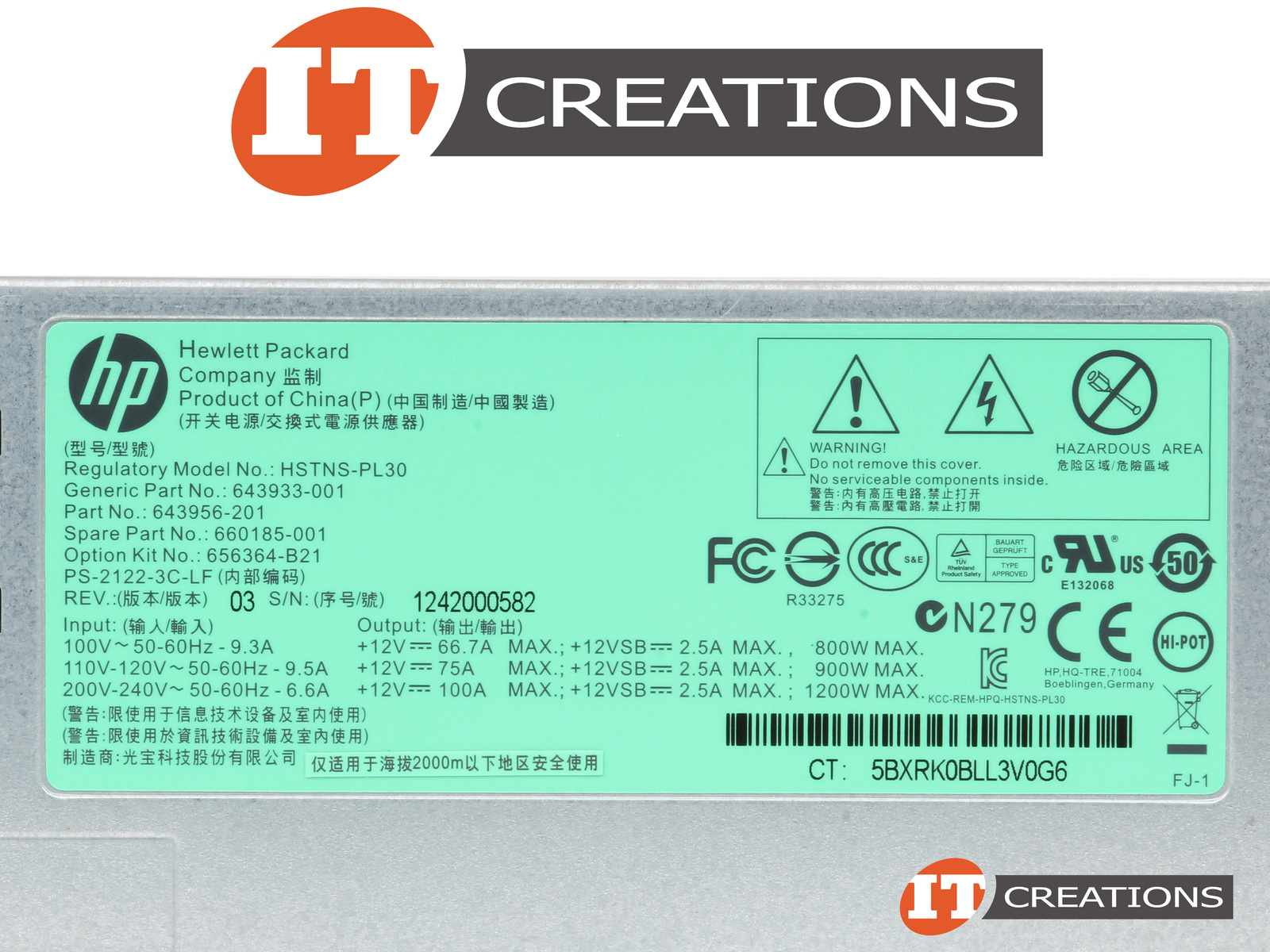 PS-2122-3C-LF-HP HP / HPE POWER SUPPLY 1200W AC INPUT 100-240V 9.5-6.6A ...