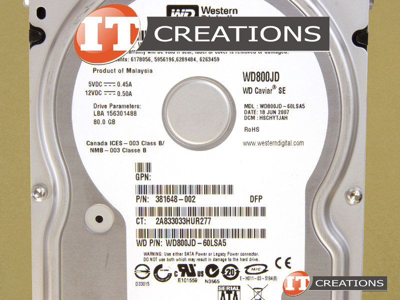 WD800JD WESTERN DIGITAL 80GB 7.2K RPM SATA 3.5 INCH HARD DRIVE
