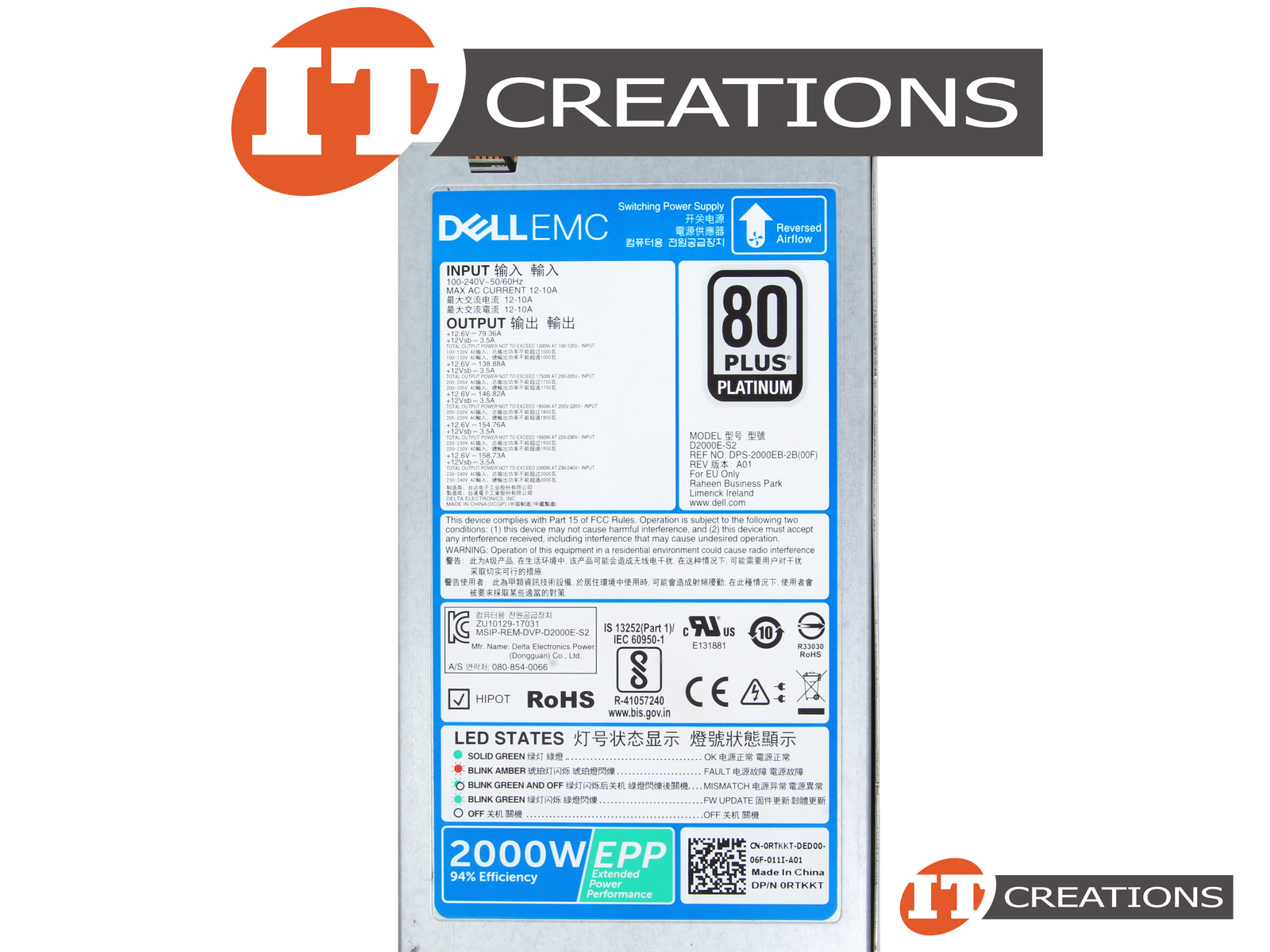 D2000E-S2-DELL DELL Power Supply 2000w 100-240v 12-10A 50-60hz 80 Plus ...