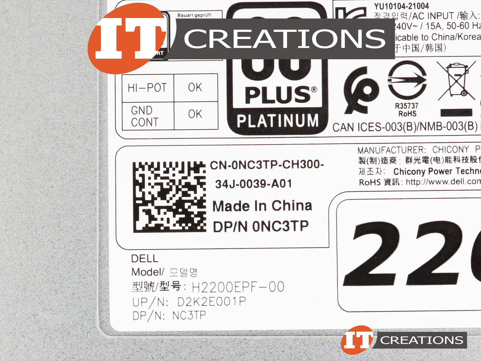 H2200EPF-00-DELL DELL Power Supply 2200w 100-240v 15A 50-60hz 80 Plus ...