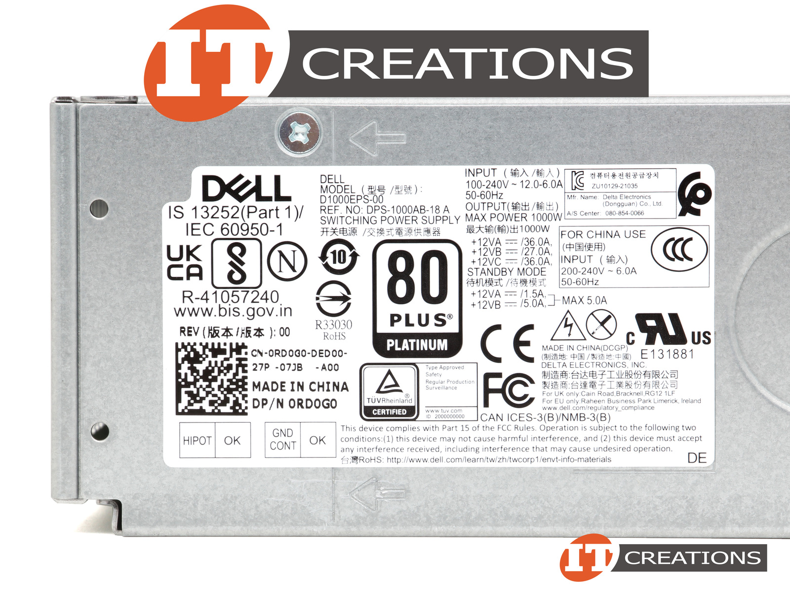 RD0G0 DELL Power Supply 1000w 100-240v 12.0-6.0a 50-60hz 80 Plus ...