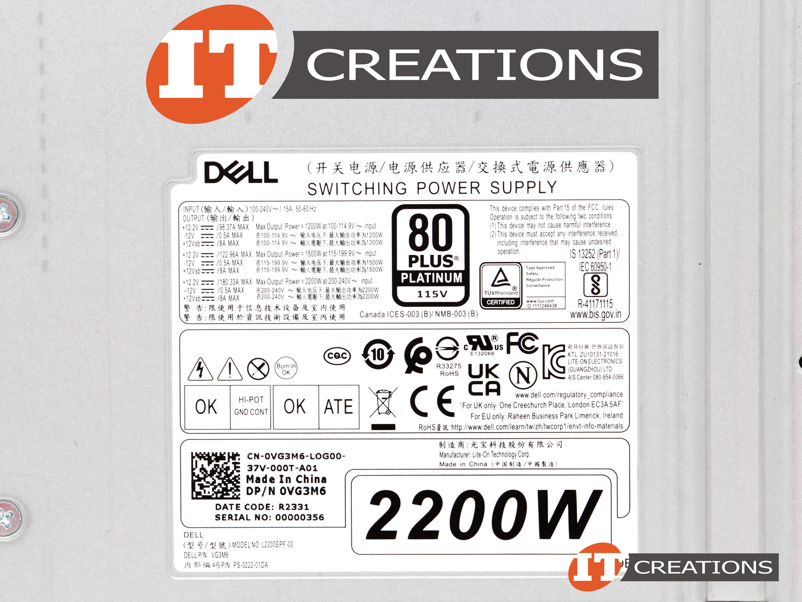 VG3M6 DELL Switching Power Supply 2200w 100-240v 15.0a 50-60hz 80 Plus ...